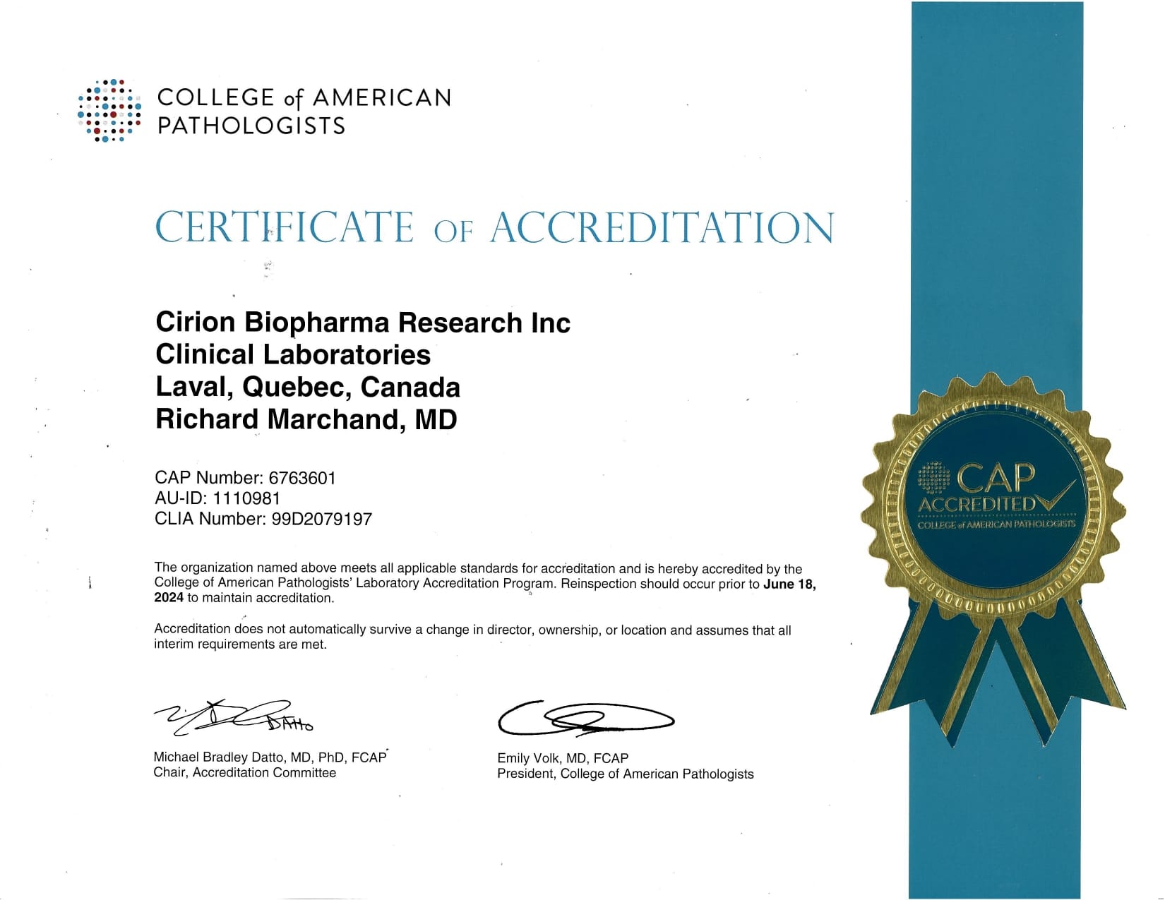 CAP Certificate 2021-2024 CIRION - Cerba Research