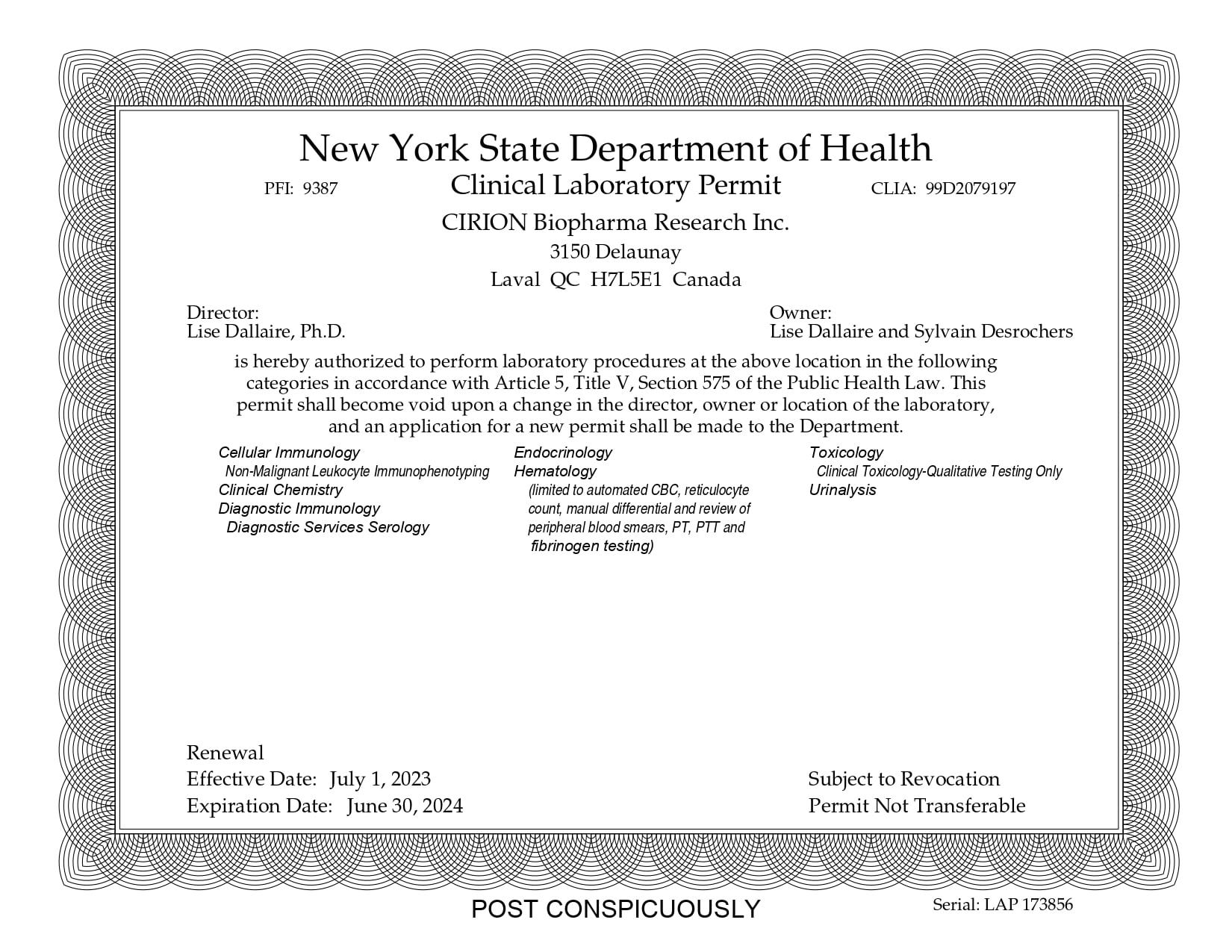 CLIA Permit New York CIRION - Cerba Research