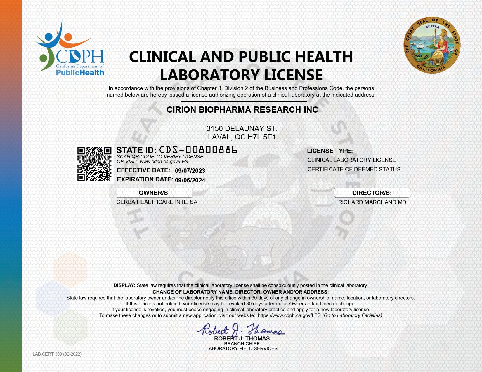 CLIA Permit State Of California CIRION - Cerba Research