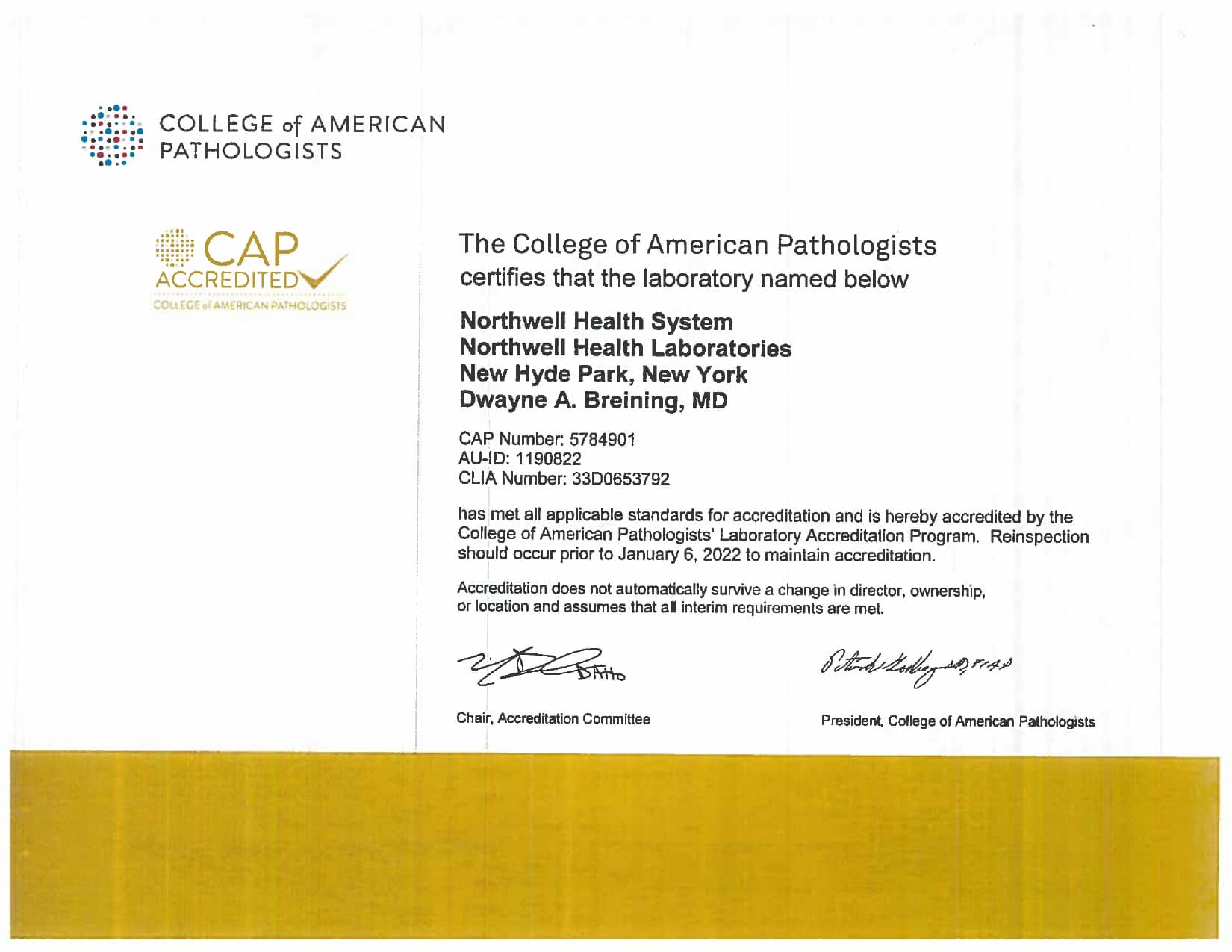 Northwell Health Laboratories – CAP certification - Cerba Research