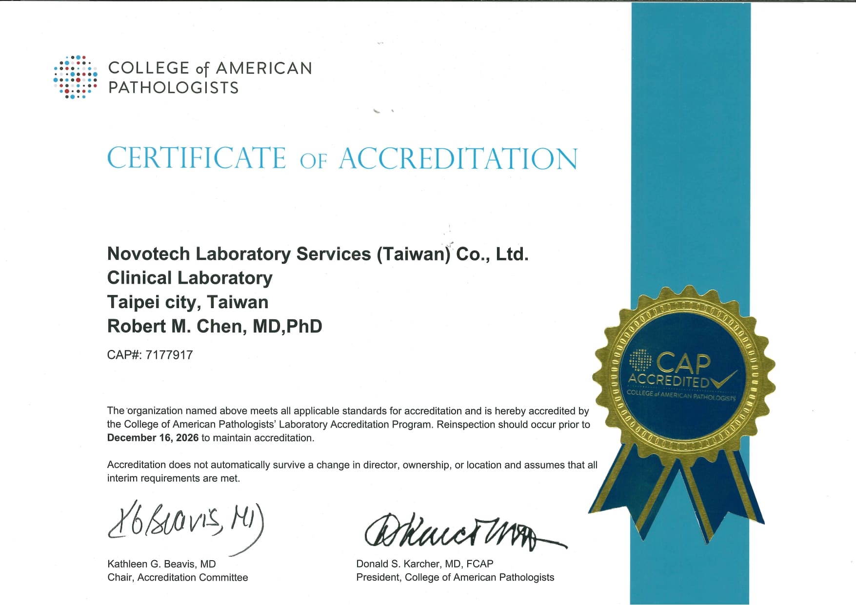 CAP Certificate – Protech Pharmaservices Corporation - Cerba Research