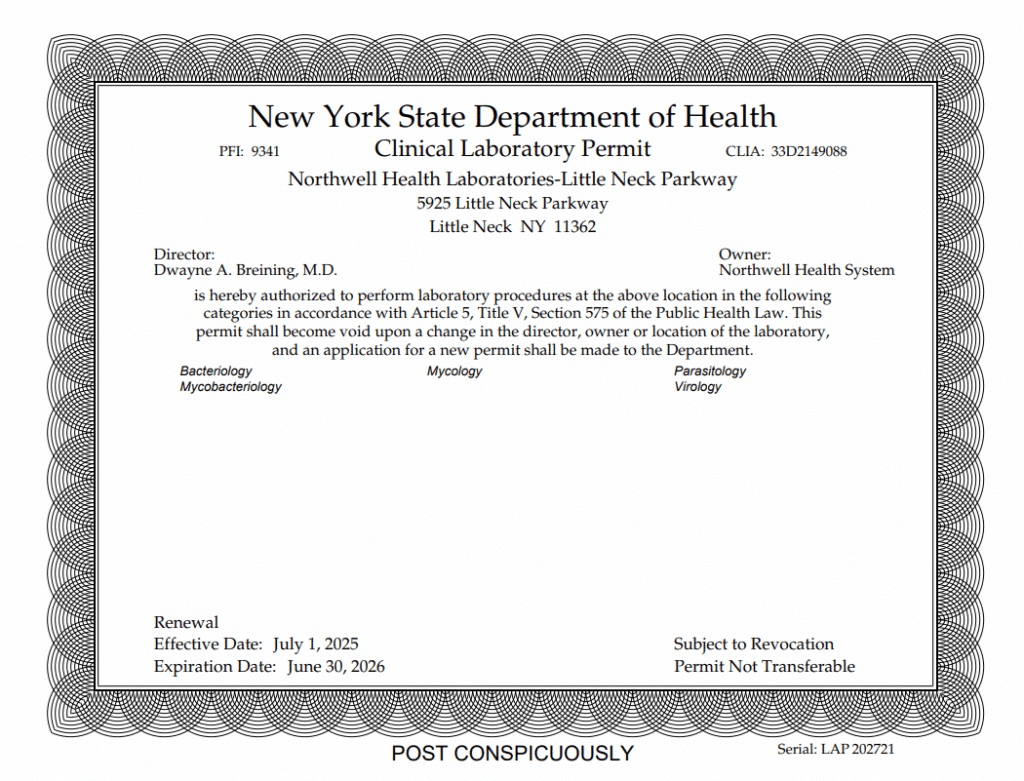 NYSDOH Clinical Laboratory Permit – Little Neck – NY - Cerba Research