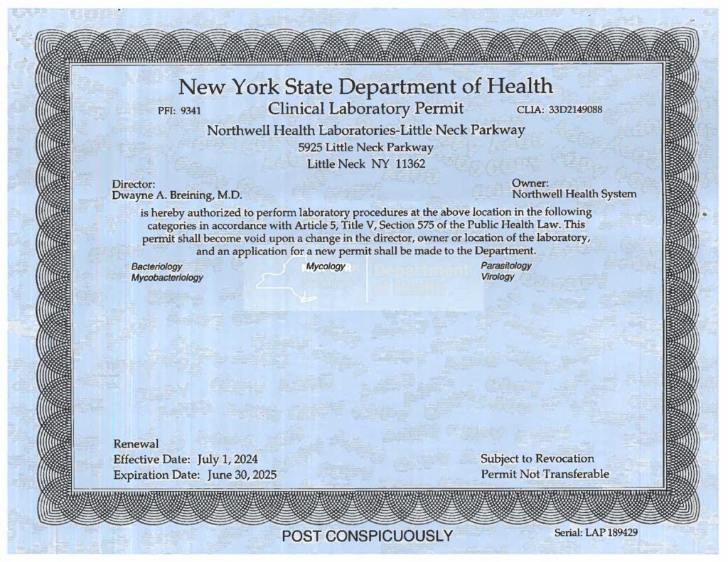 NYSDOH Clinical Laboratory Permit – Little Neck – NY - Cerba Research