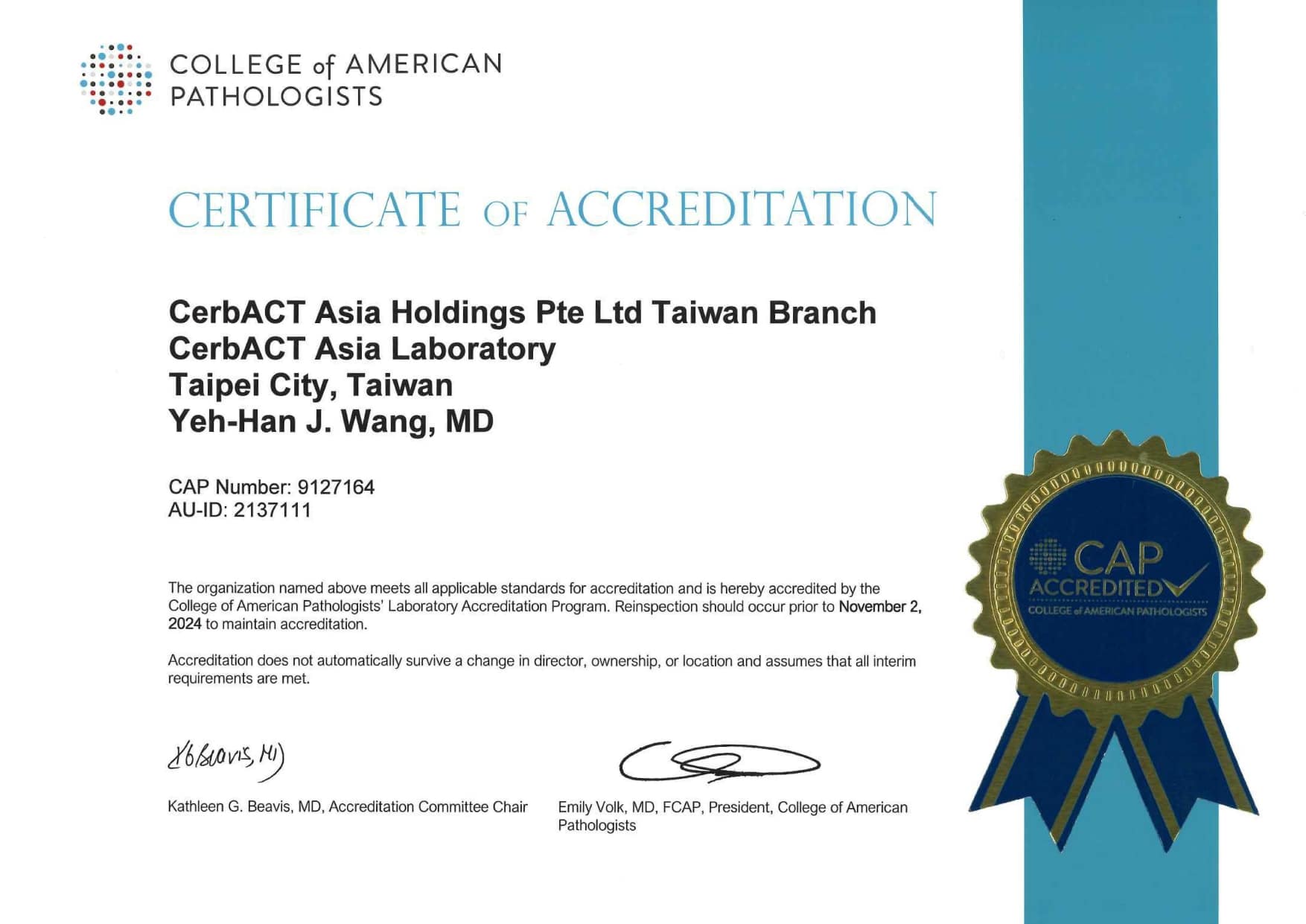 Certificate of Accreditation – Taiwan - Cerba Research