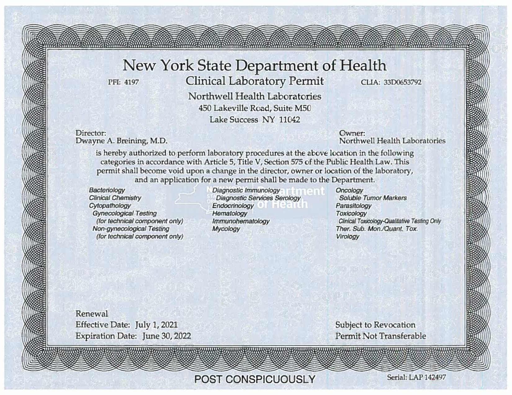 Clinical Laboratory Permit – Lake Success – NY - Cerba Research