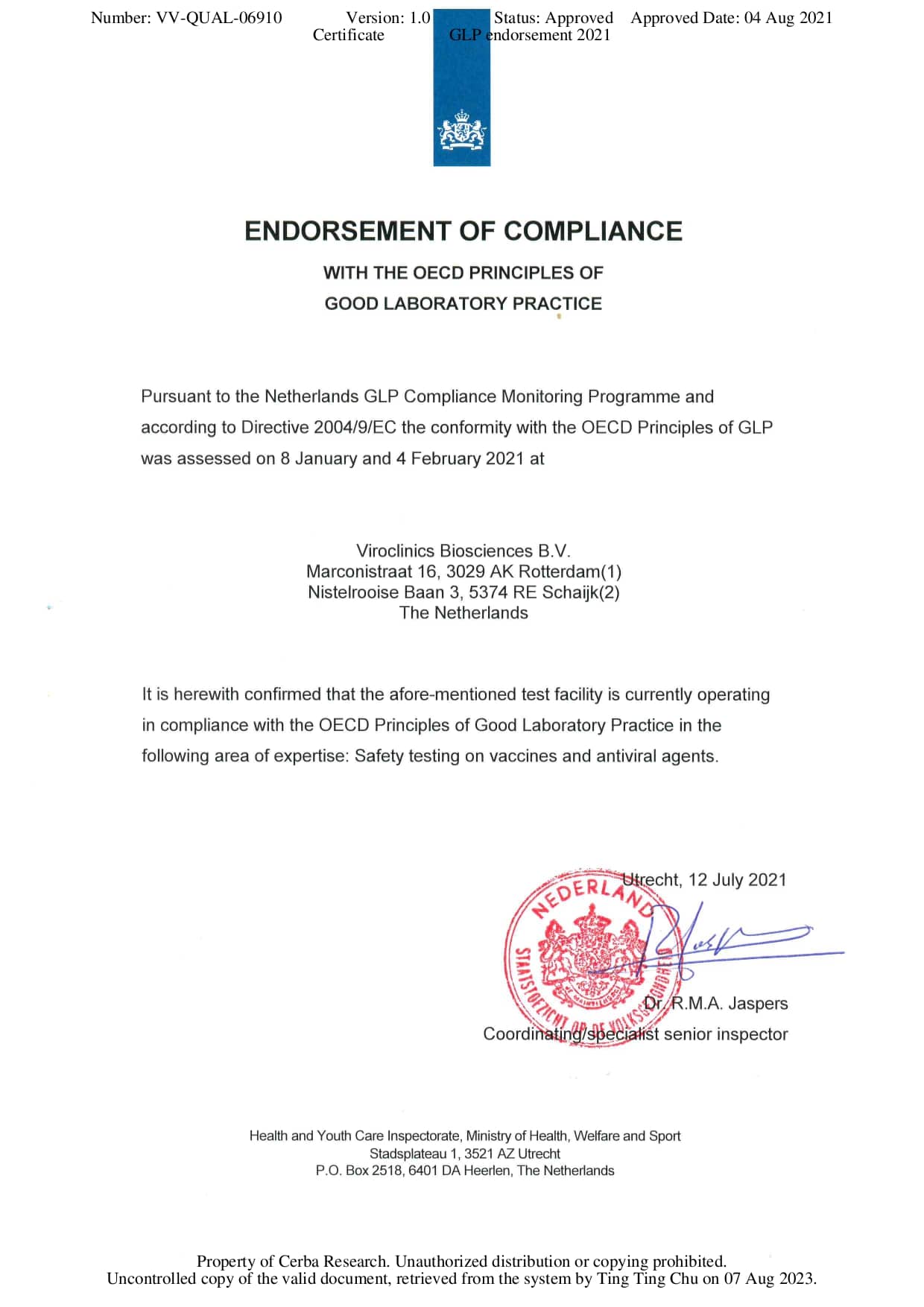 ViroClinics BV – GLP Endorsement - Cerba Research