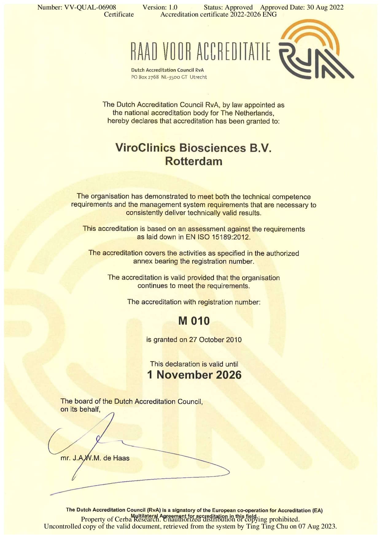 ViroClinics BV – ISO 15189 Accreditation - Cerba Research